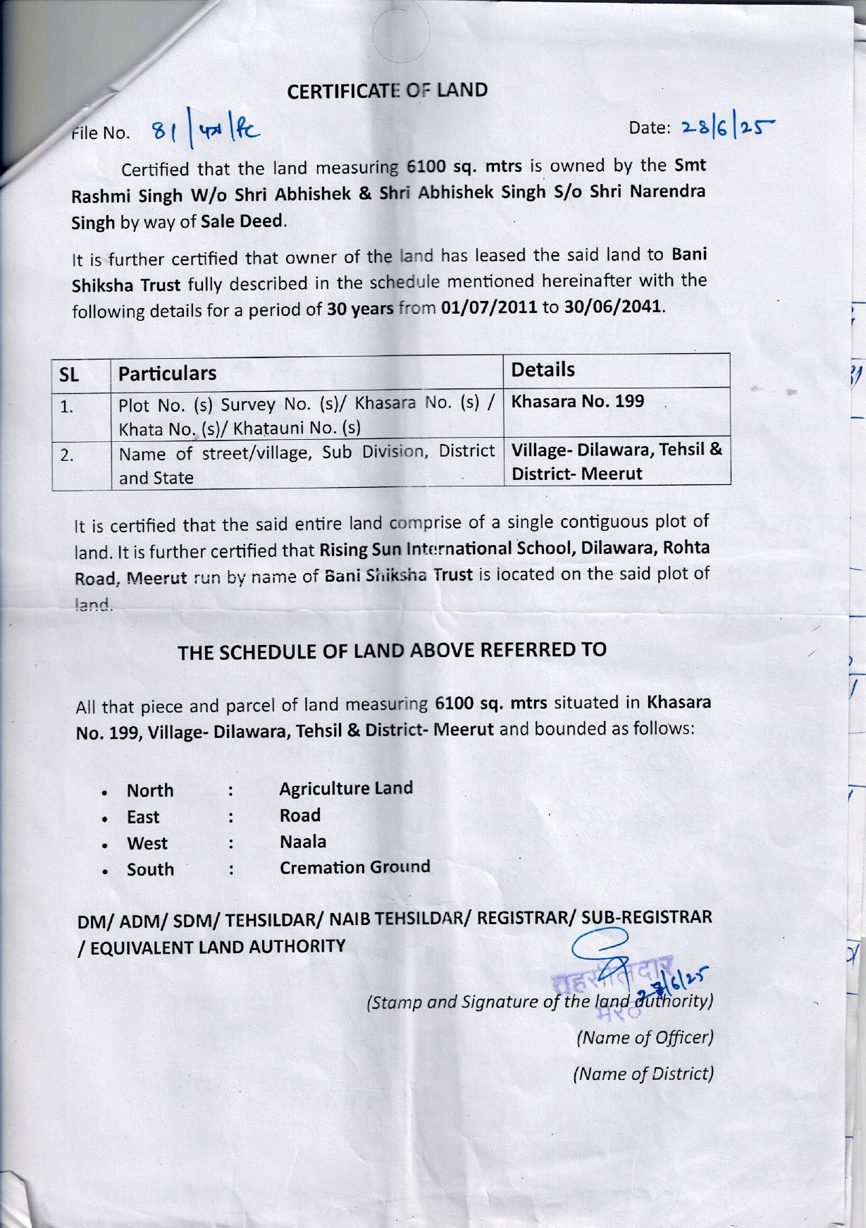 Land Certificate – RSI School